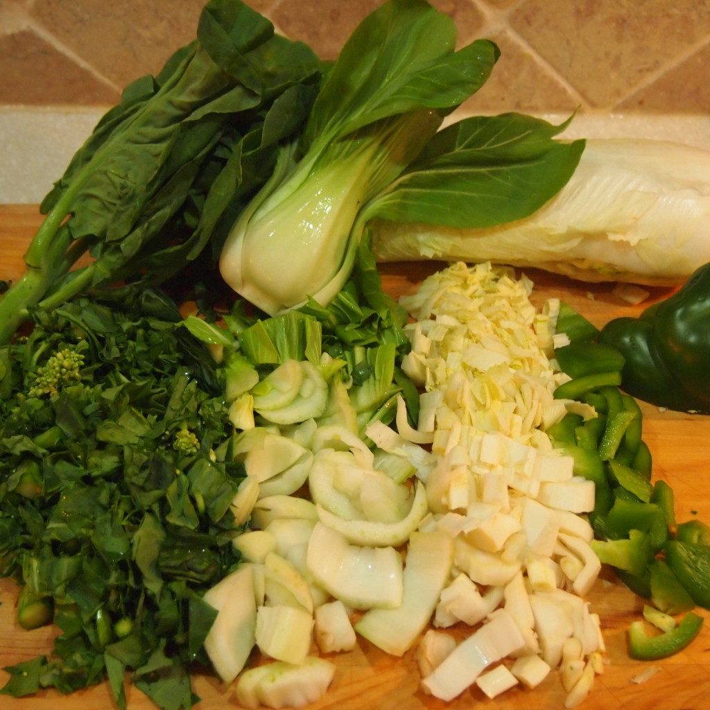 Chop up the Chinese broccoli, bok choy, napa cabbage and green pepper ...